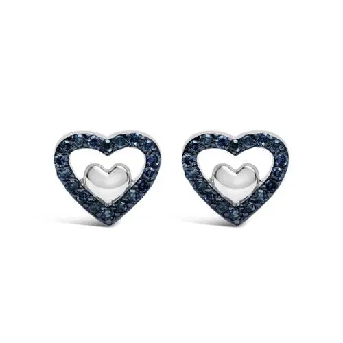 HAUS OF BRILLIANCE Silver 1/6 Cttw Open Double Heart Stud Earrings - Blue Diamond