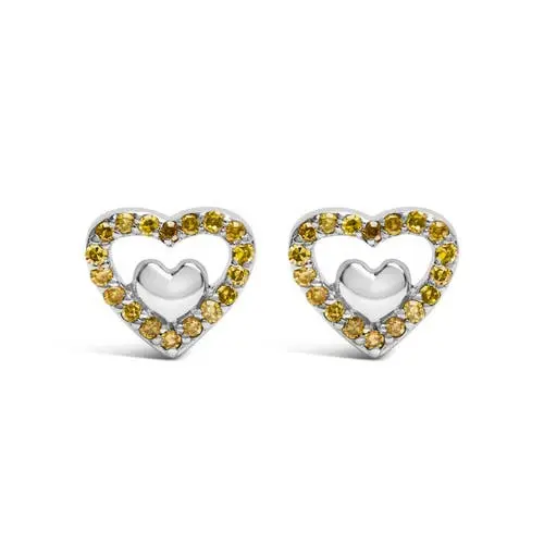 HAUS OF BRILLIANCE Silver 1/6 Cttw Open Double Heart Stud Earrings - Yellow Diamond