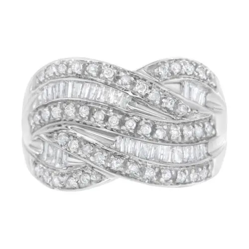 HAUS OF BRILLIANCE 1.0 Cttw Round And Baguette Diamond Cross-over Ring Band - Silver
