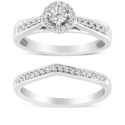 HAUS OF BRILLIANCE 1/3 Cttw Diamond Halo And Pave Shank Engagement Ring Set - Silver