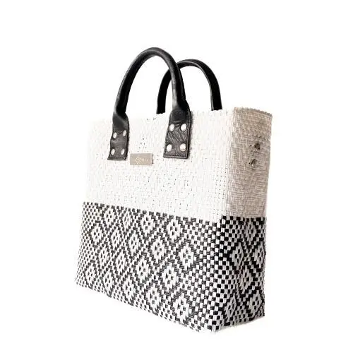 TIN MARIN Large Woven Crossbody Bag - Black Leather Straps