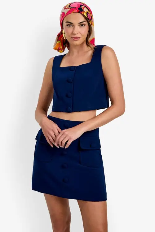 Trina Turk Ramina Top Cropped Square Neck Sleeveless Button-front - Ink