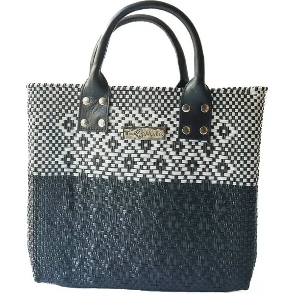 TIN MARIN Large Woven Crossbody Bag - Black Leather Straps
