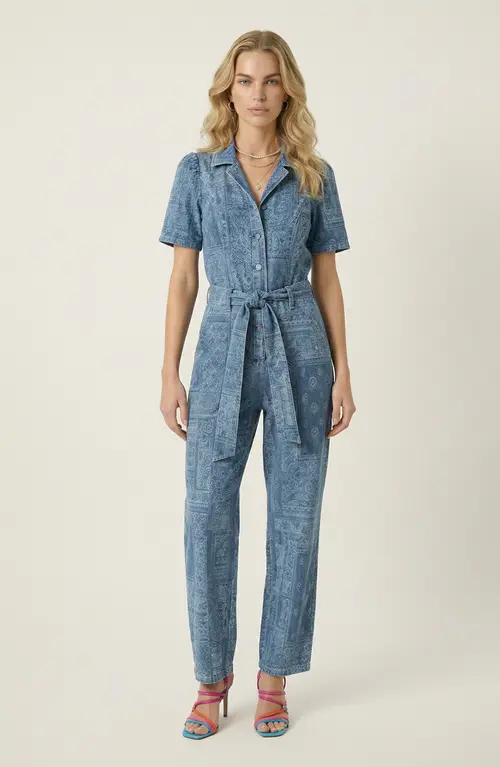 MODENAIRE Paisley Print Belted Button-front Jumpsuit - Mid-wash Blue Paisley