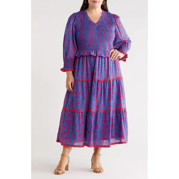 SUGARLIPS Tanya Floral Print Smocked Maxi Dress - Blue-fuchsia