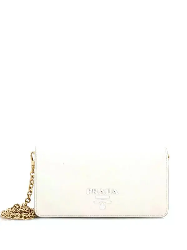 Prada Monochrome Wristlet Wallet On Chain Saffiano Leather Mini Clutch Bag - White