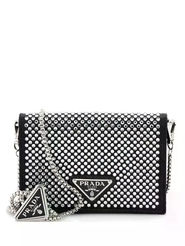 Prada Flap Card Holder With Chain Satin With Crystals Crossbody Bag - Black