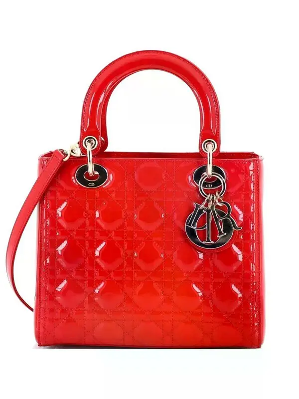 Dior Lady Cannage Quilt Patent Medium Satchel - Red
