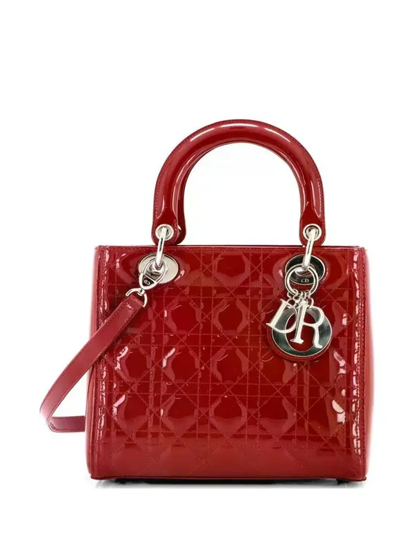 Dior Lady Bag Cannage Quilt Patent Medium Satchel - Red