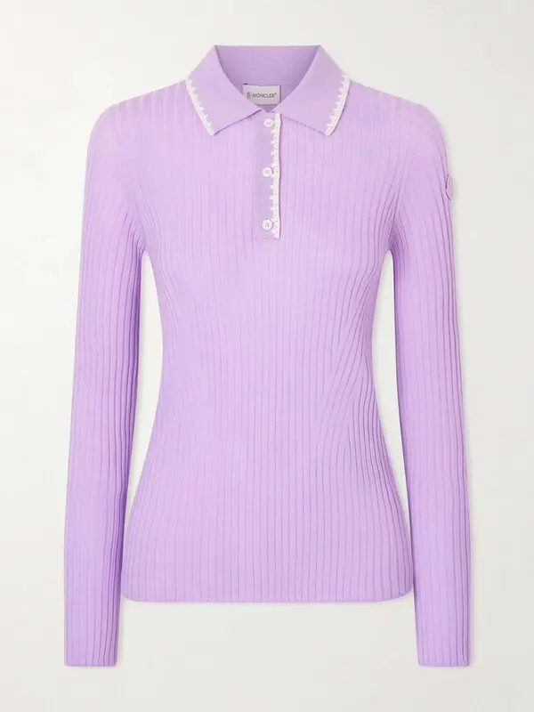 Moncler Appliquéd Embroidered Ribbed Wool Polo Shirt - Lilac