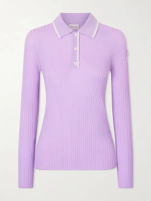 Moncler Appliquéd Embroidered Ribbed Wool Polo Shirt - Purple