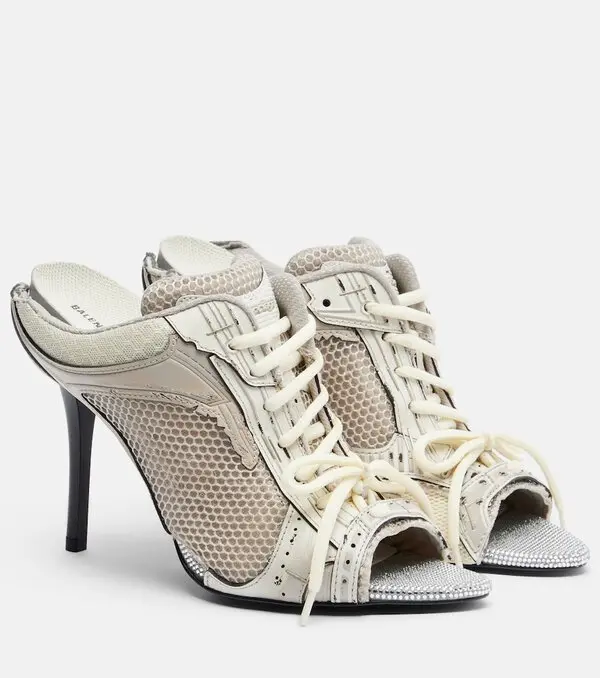 Balenciaga Stapler Distressed Leather-trimmed Mules - White