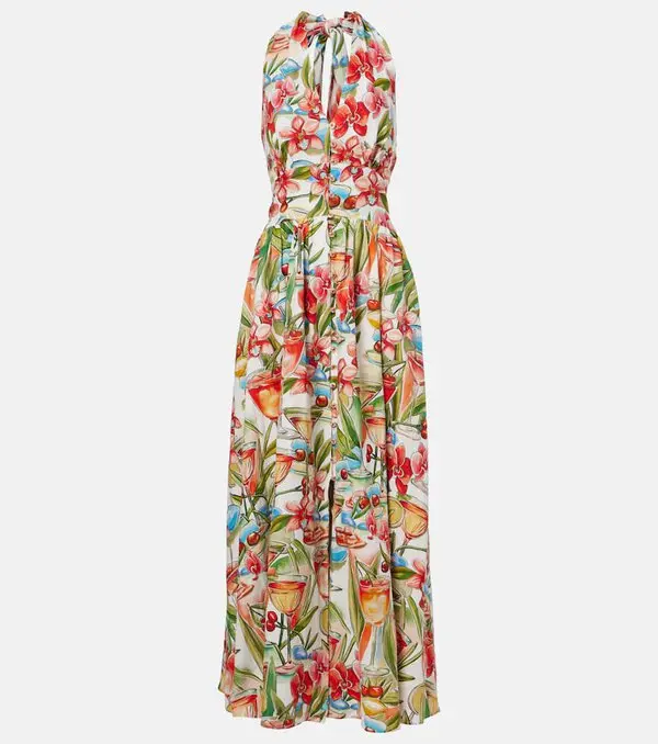 Farm Rio Floral Halterneck Linen-blend Maxi Dress - Multicoloured