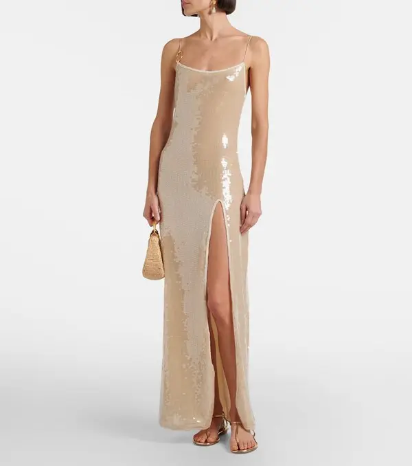 Oseree Marilyn Sequined Maxi Dress - Beige