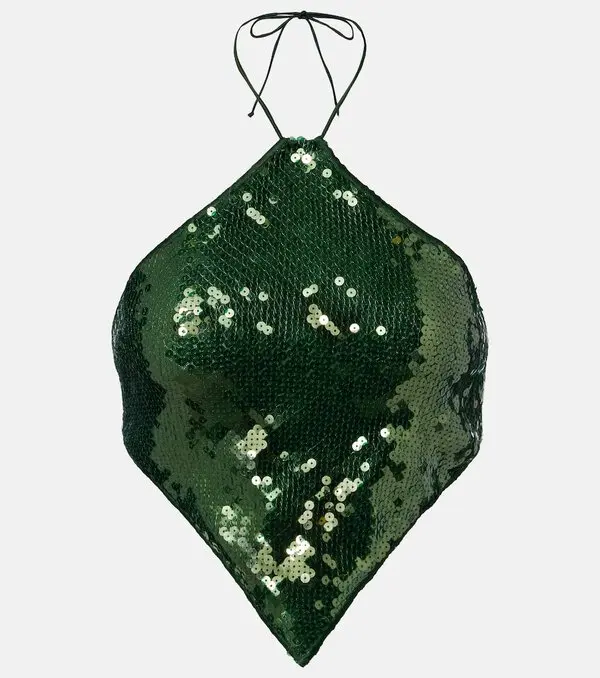 Oseree Marylin Sequined Halterneck Crop Top - Green
