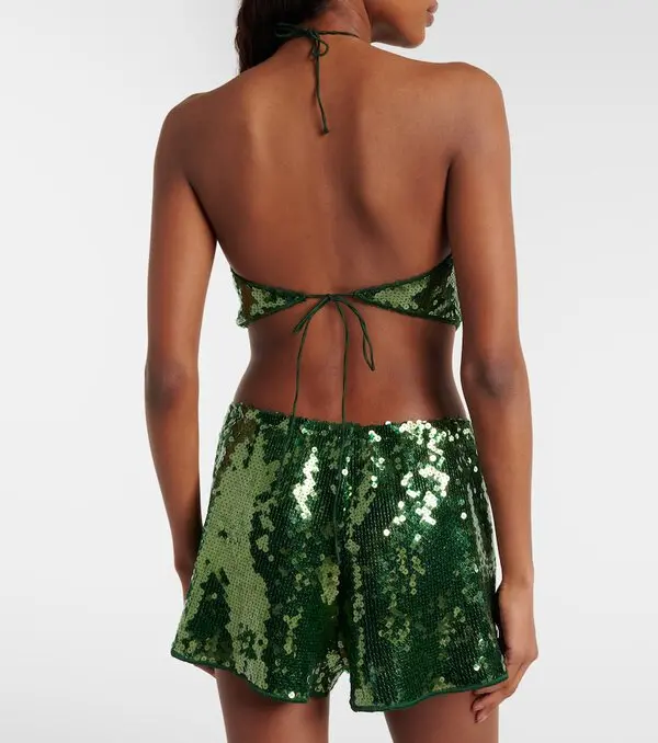 Oseree Marylin Sequined Halterneck Crop Top - Green
