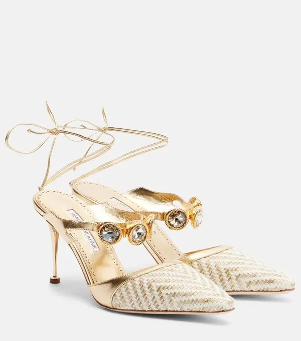 Manolo Blahnik Soria Embellished Leather-trimmed Pumps - Gold