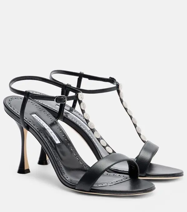 Manolo Blahnik Leather Embellished Sandals - Black