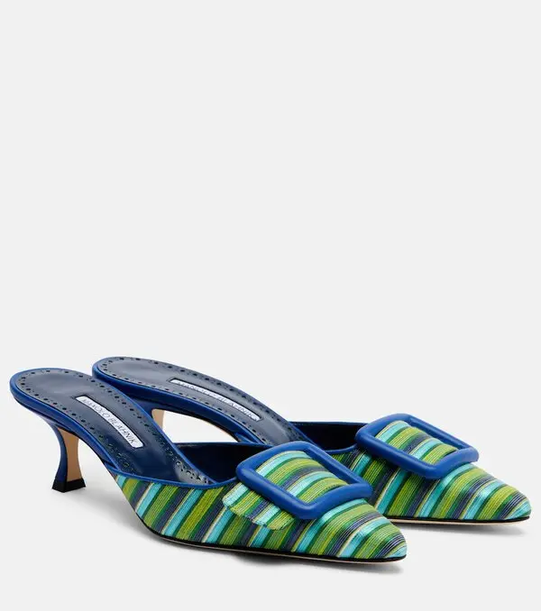 Manolo Blahnik Maysalebi Striped Leather-trimmed Mules - Blue