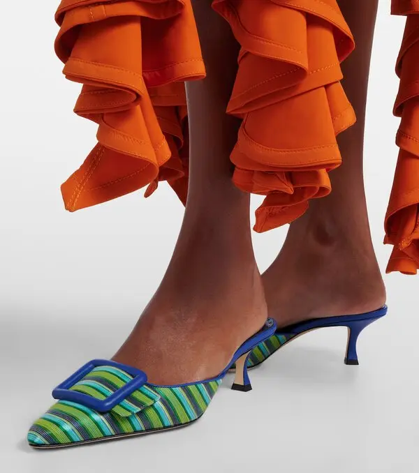 Manolo Blahnik Maysalebi Striped Buckled Mules - Blue