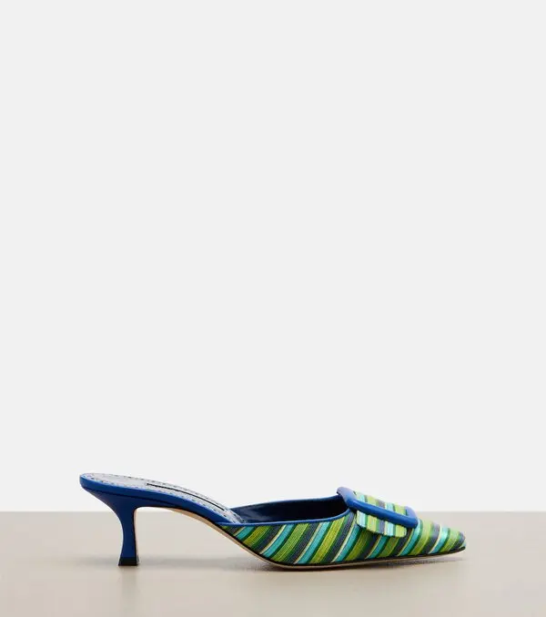 Manolo Blahnik Maysalebi Striped Buckled Mules - Blue