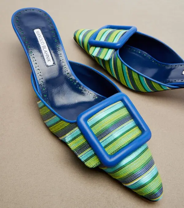 Manolo Blahnik Maysalebi Striped Buckled Mules - Blue
