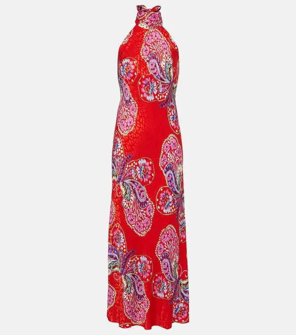 Rixo Maura Printed Halterneck Maxi Dress - Red