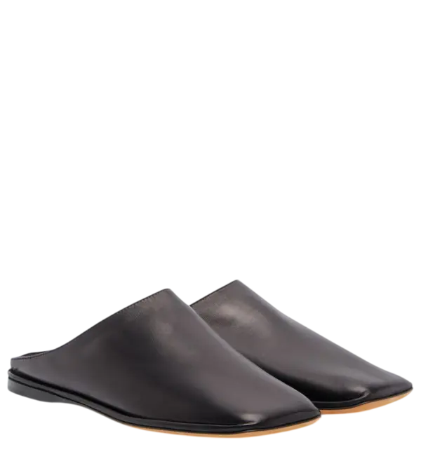 THE ROW Leather Square Toe Mules - Black