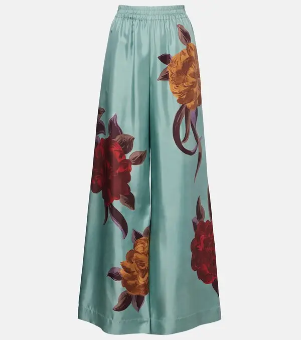 La DoubleJ Floral Silk Palazzo Pants - Turquoise