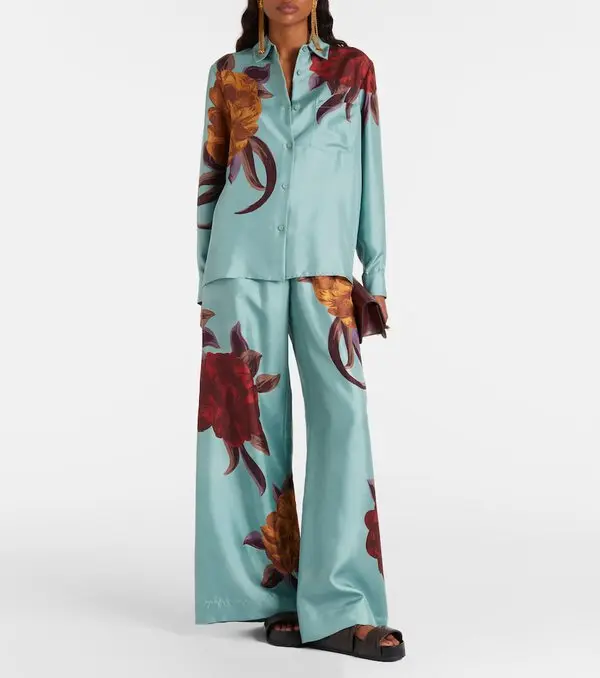 La DoubleJ Floral Silk Palazzo Pants - Turquoise