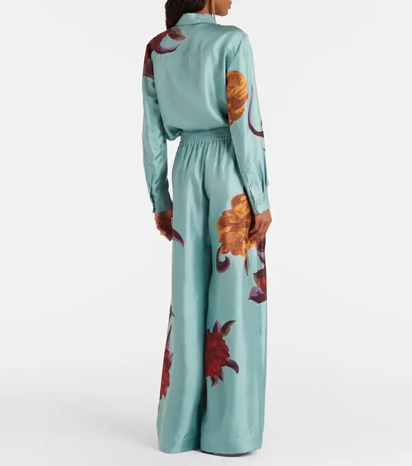 La DoubleJ Floral Silk Palazzo Pants - Turquoise