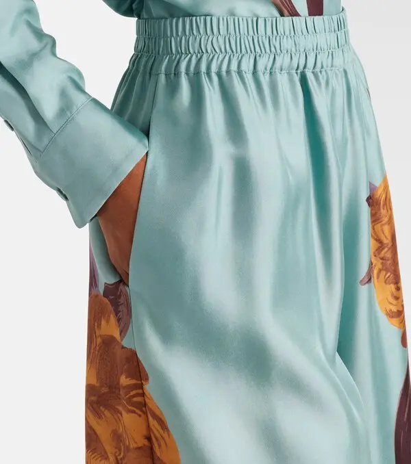 La DoubleJ Floral Silk Palazzo Pants - Turquoise