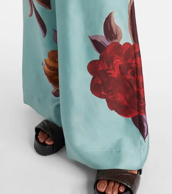 La DoubleJ Floral Silk Palazzo Pants - Turquoise