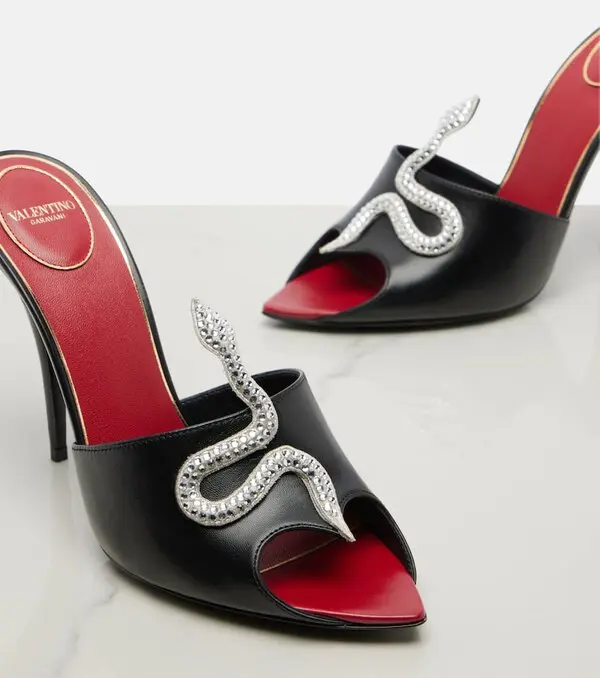 Valentino Garavani Cœur Vipère Embellished Leather Mules - Black