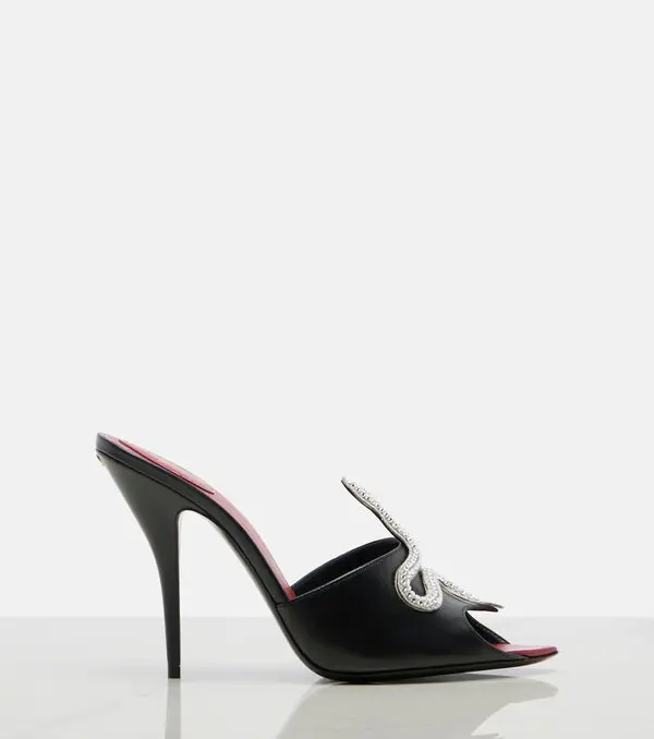 Valentino Garavani Cœur Vipère Embellished Leather Mules - Black