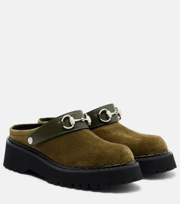 Gucci Horsebit Suede Mules - Green