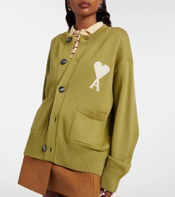 AMI Paris De Cœur Wool And Cotton Cardigan - Green