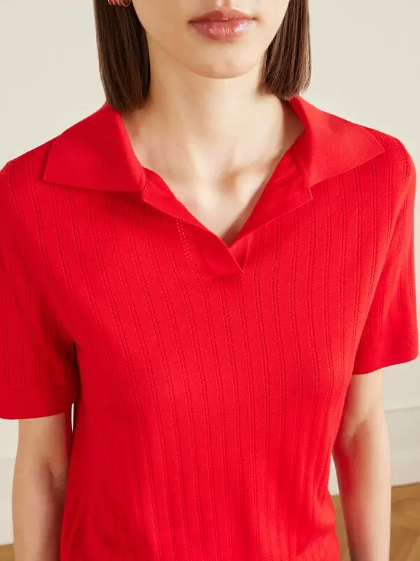 ALLUDE Pointelle-knit Wool Polo Top
