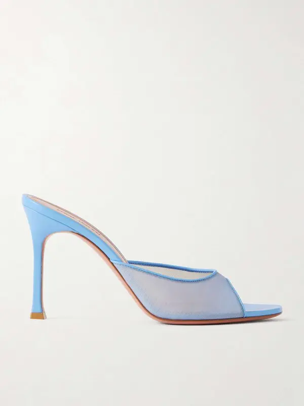 Amina Muaddi Alexa Leather-trimmed Mesh Mules - Light Blue