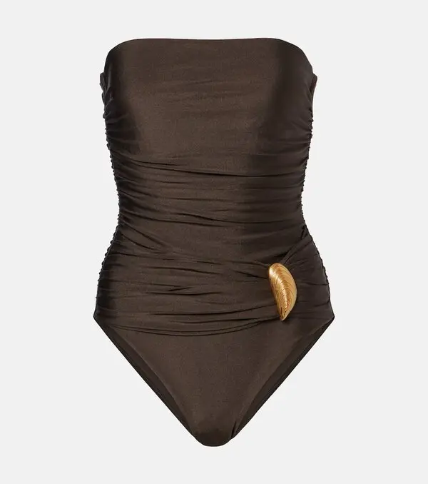 Simkhai Lorena Applique Ruched Swimsuit - Brown