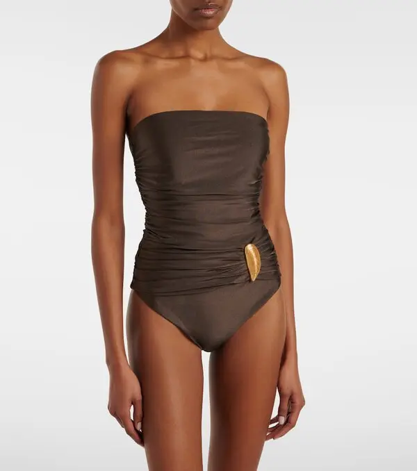 Simkhai Lorena Applique Ruched Swimsuit - Brown