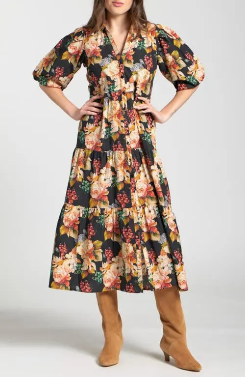 APNY Floral Midi Shirtdress - Black Multi