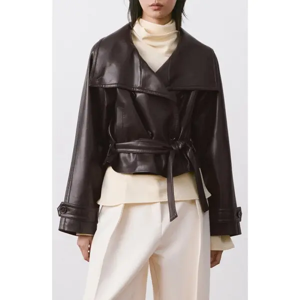 Mango Faux Leather Belted Jacket - Maroon