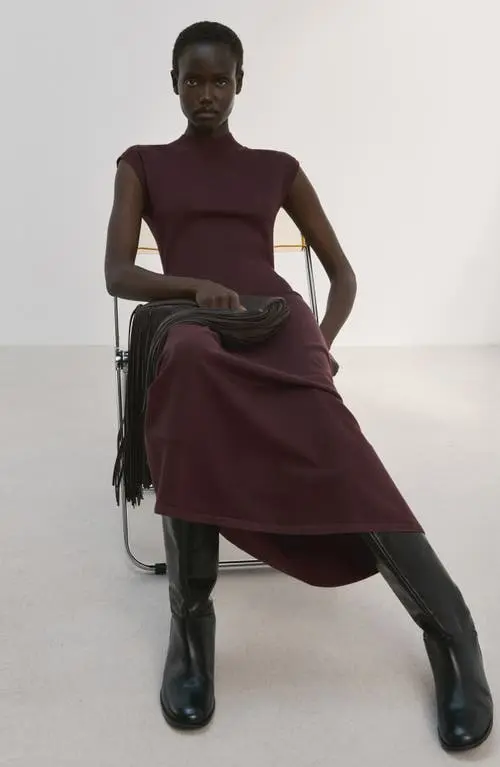 Mango Mock Neck Cap Sleeve Sweater Midi Dress - Chocolate