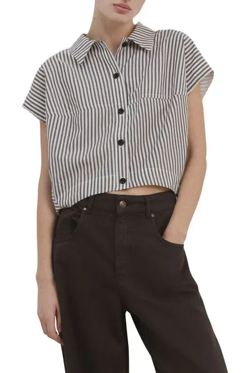 Mango Stripe Short Sleeve Crop Button-up Shirt - Ecru