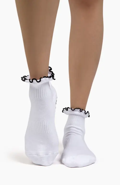 LUTAVA Antimicrobial Grip Sock- White Ruffle Black Grip2 Pack