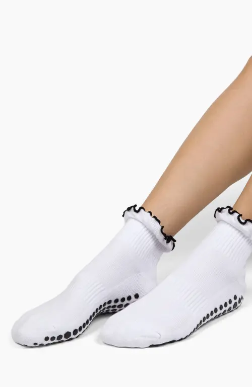 LUTAVA Antimicrobial Grip Sock- White Ruffle Black Grip2 Pack