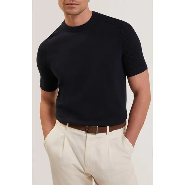 Ted Baker London Torrent Short Sleeve Cotton & Wool Sweater - Navy