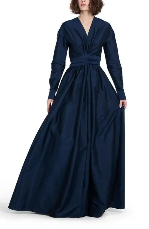 EMILY SHALANT Surplice Long Sleeve Taffeta Gown - Navy