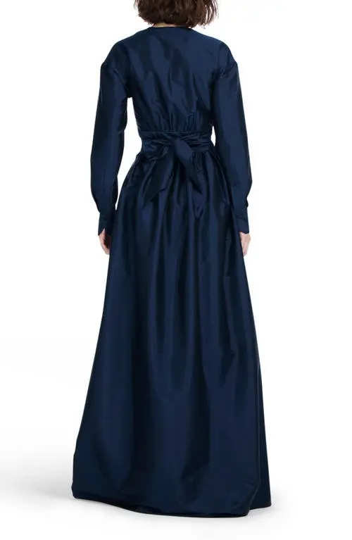 EMILY SHALANT Surplice Long Sleeve Taffeta Gown - Navy